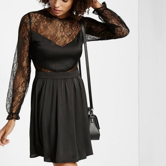Express | Dresses | Lace V Front Fit And Flare Dress Yoke Satin Dress ...